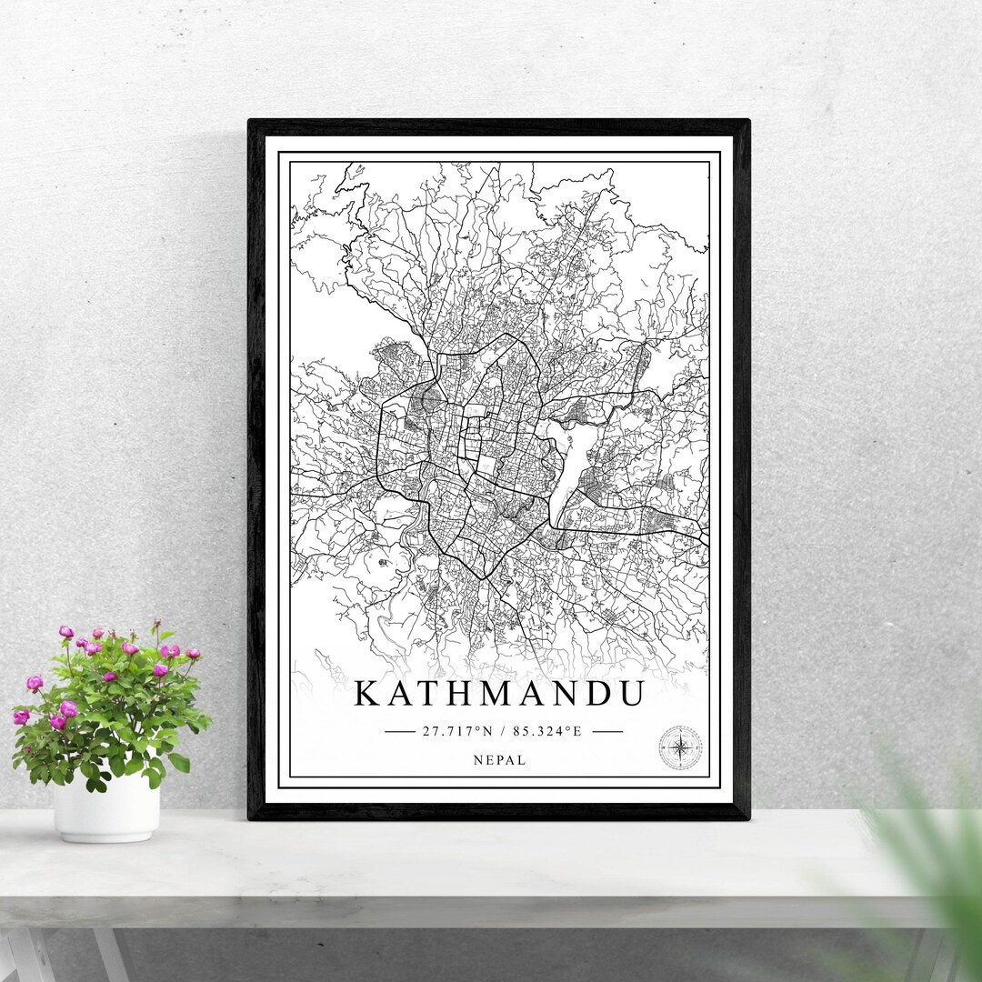 Kathmandu City Map Digital Download Black and White Print Design of ...
