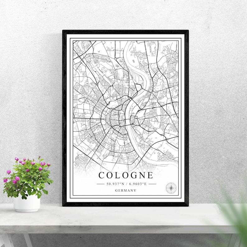 Cologne City Map Digital Download Black and White Print Design of ...