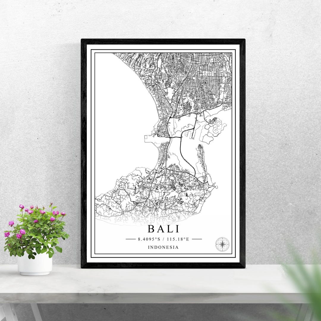 Bali City Map Digital Download Black and White Print Design of ...