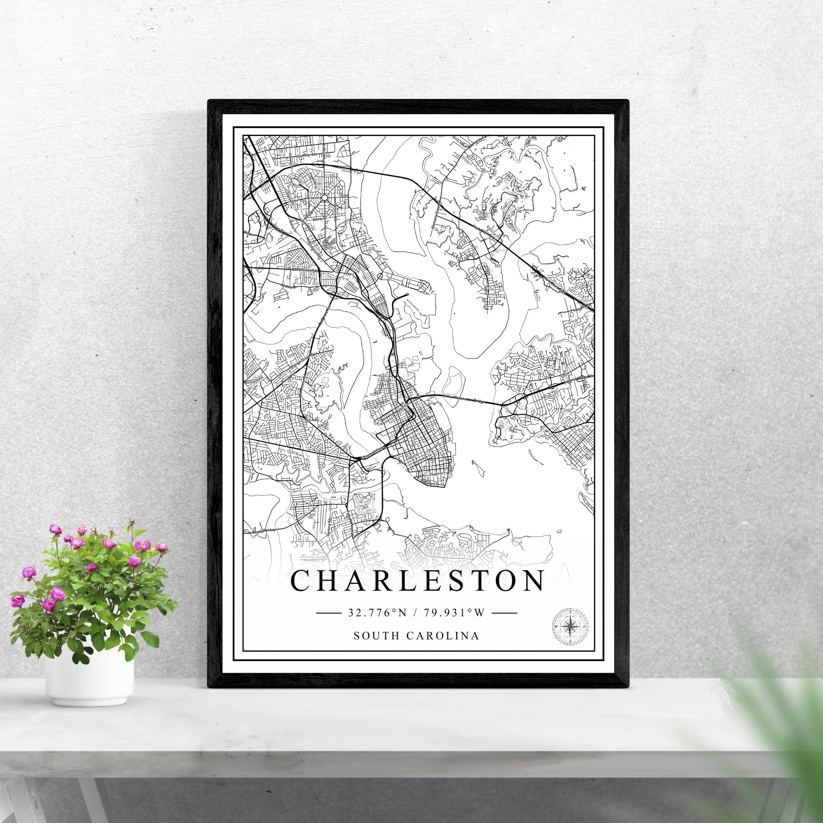 Charleston City Map Digital Download Black and White Print Design of ...