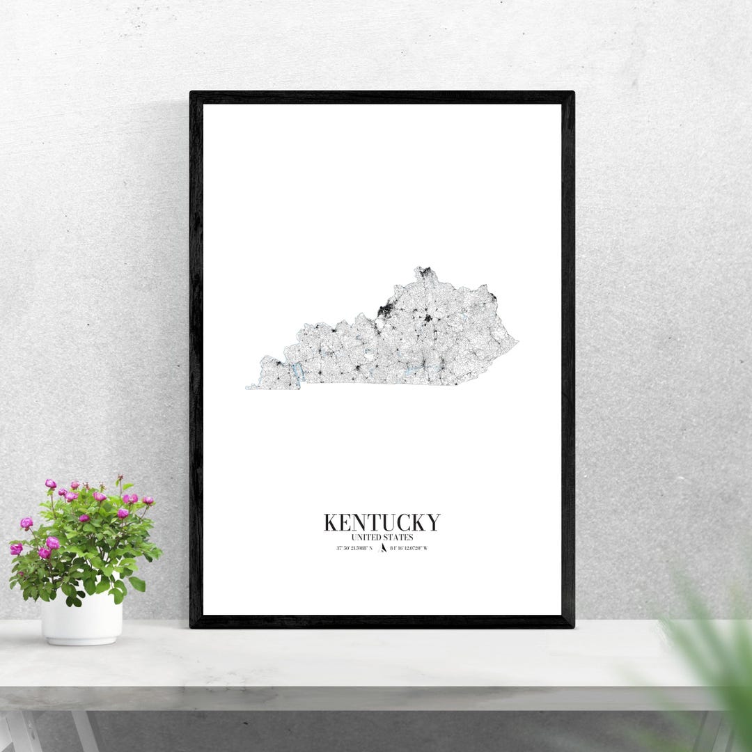 Kentucky State Road Map Digital Download, Black and White Print Design ...