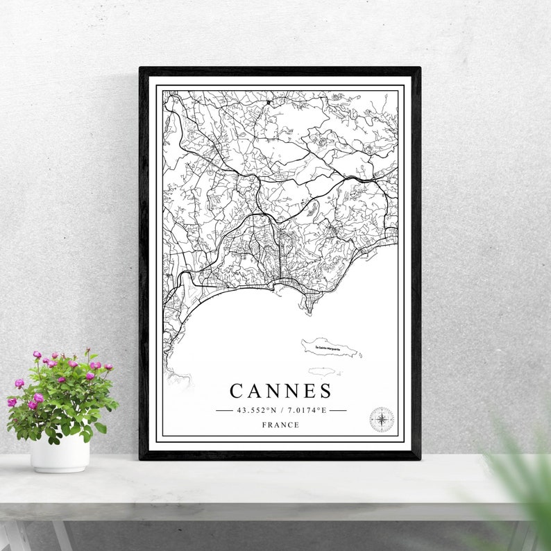 Cannes City Map Digital Download Black and White Print Design of France ...