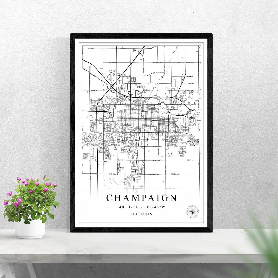 Champaign City Map Digital Download Black and White Print Design of ...