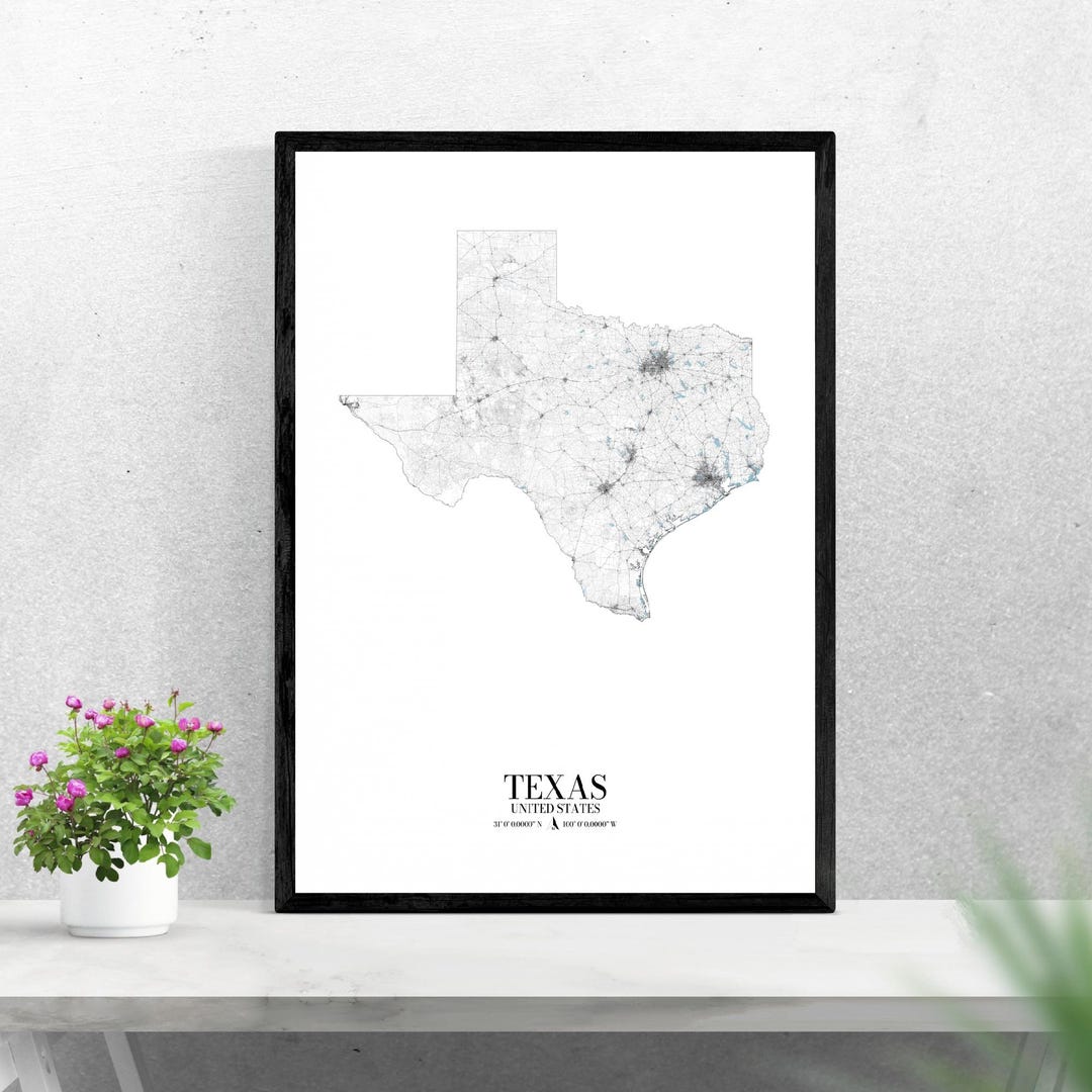Texas State Road Map Digital Download, Black and White Print Design of ...