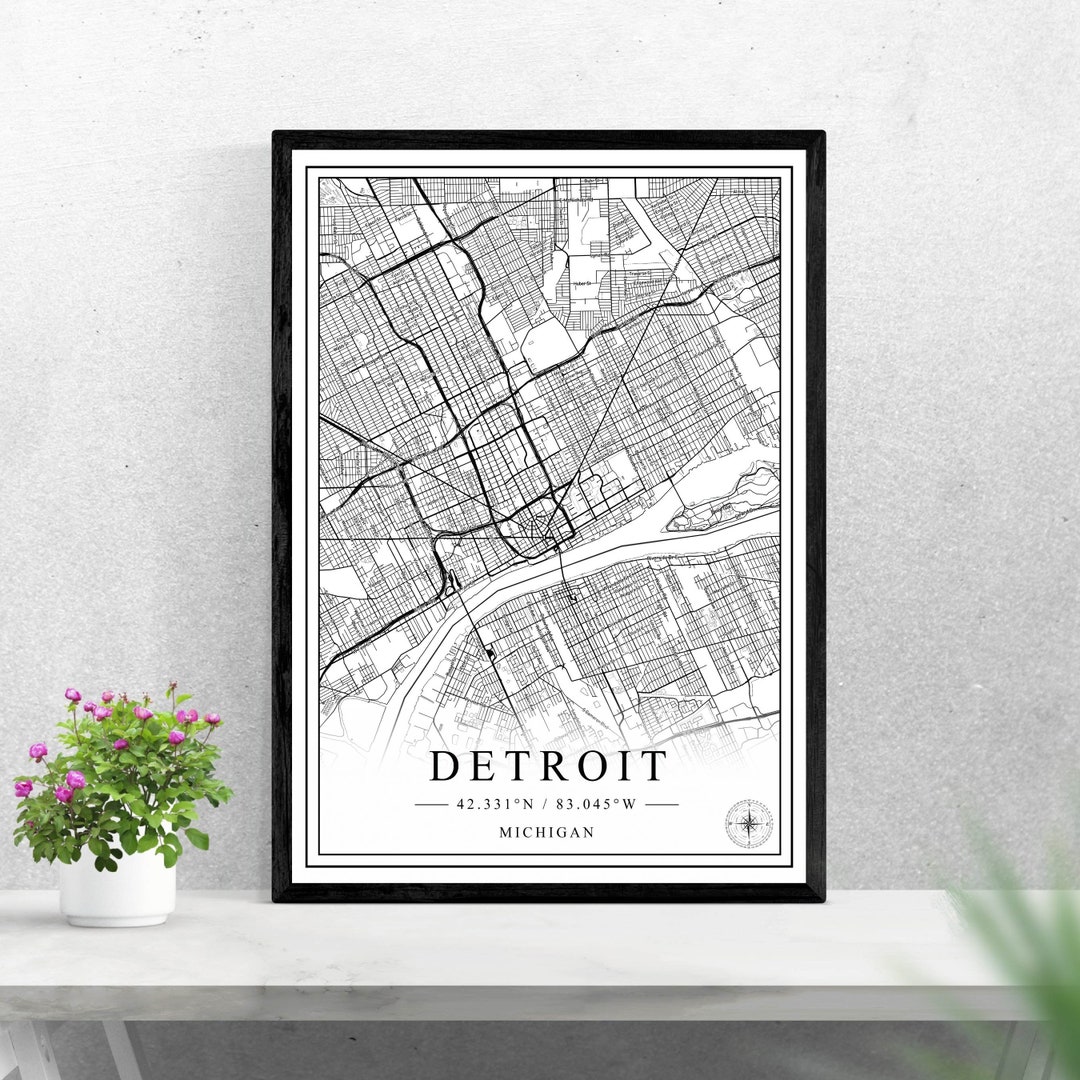 Detroit City Map Digital Download Black and White Print Design of ...