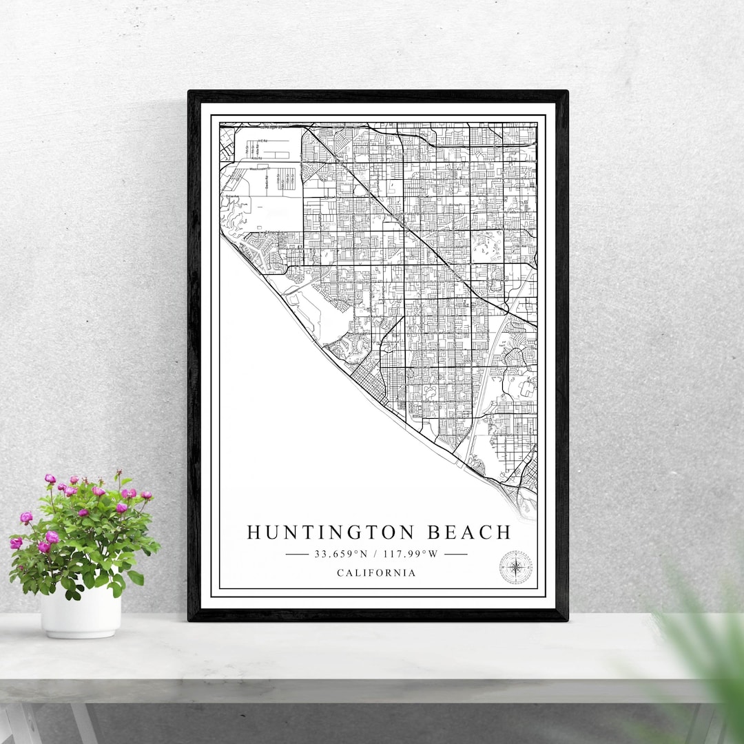 Huntington Beach City Map Digital Download Black and White Print Design ...