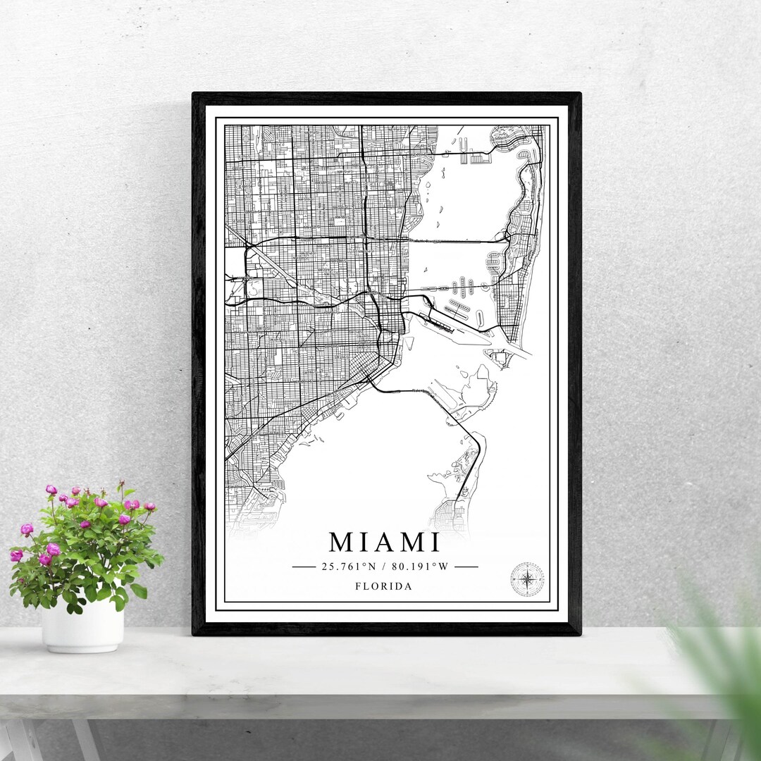 Miami City Map Digital Download Black and White Print Design of United ...