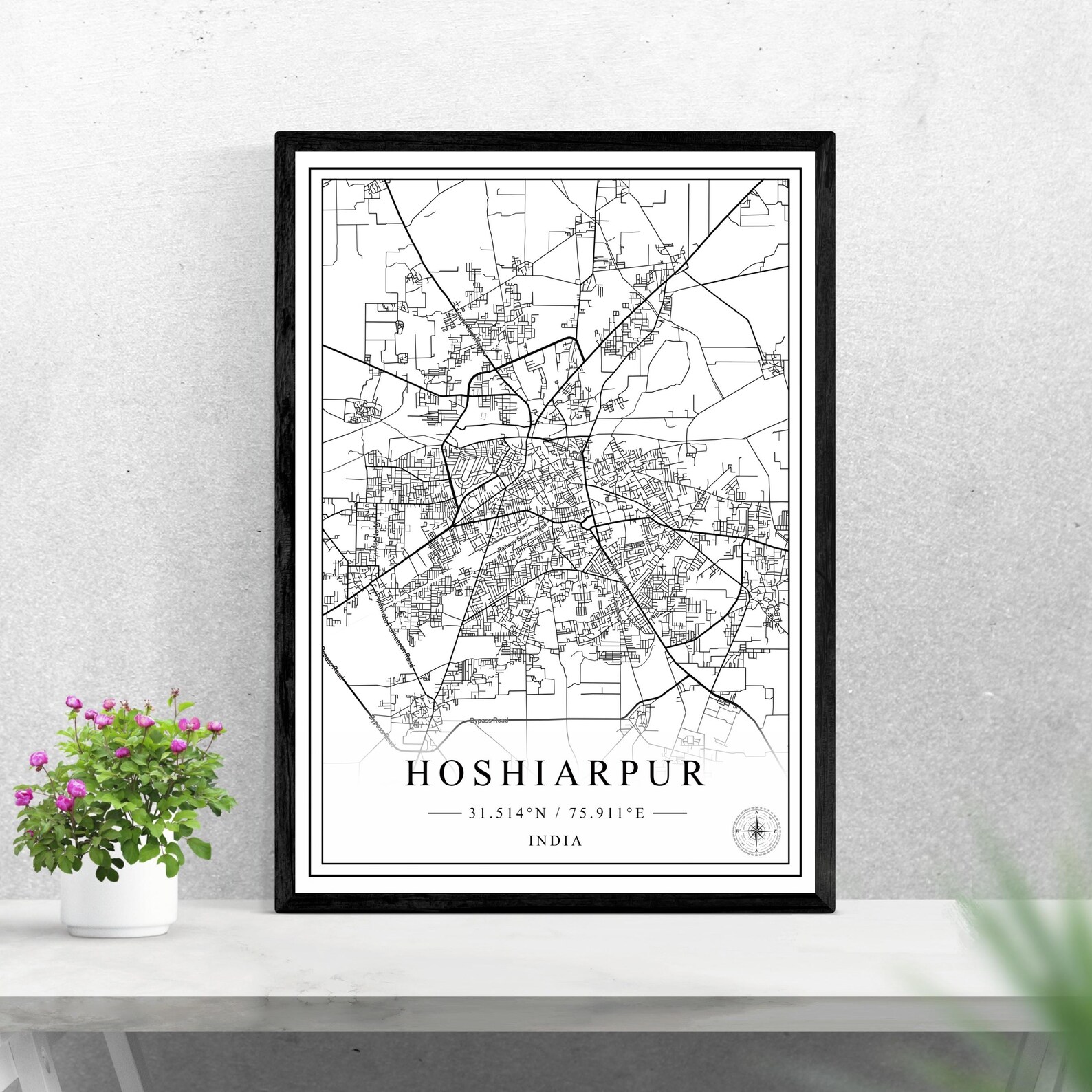 Hoshiarpur City Map Digital Download Black and White Print Design of ...