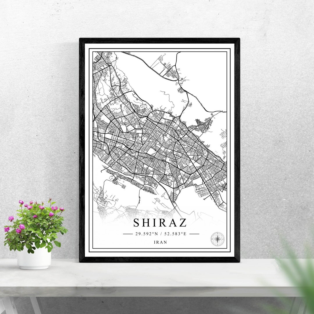 Shiraz City Map Digital Download Black and White Print Design of Iran ...