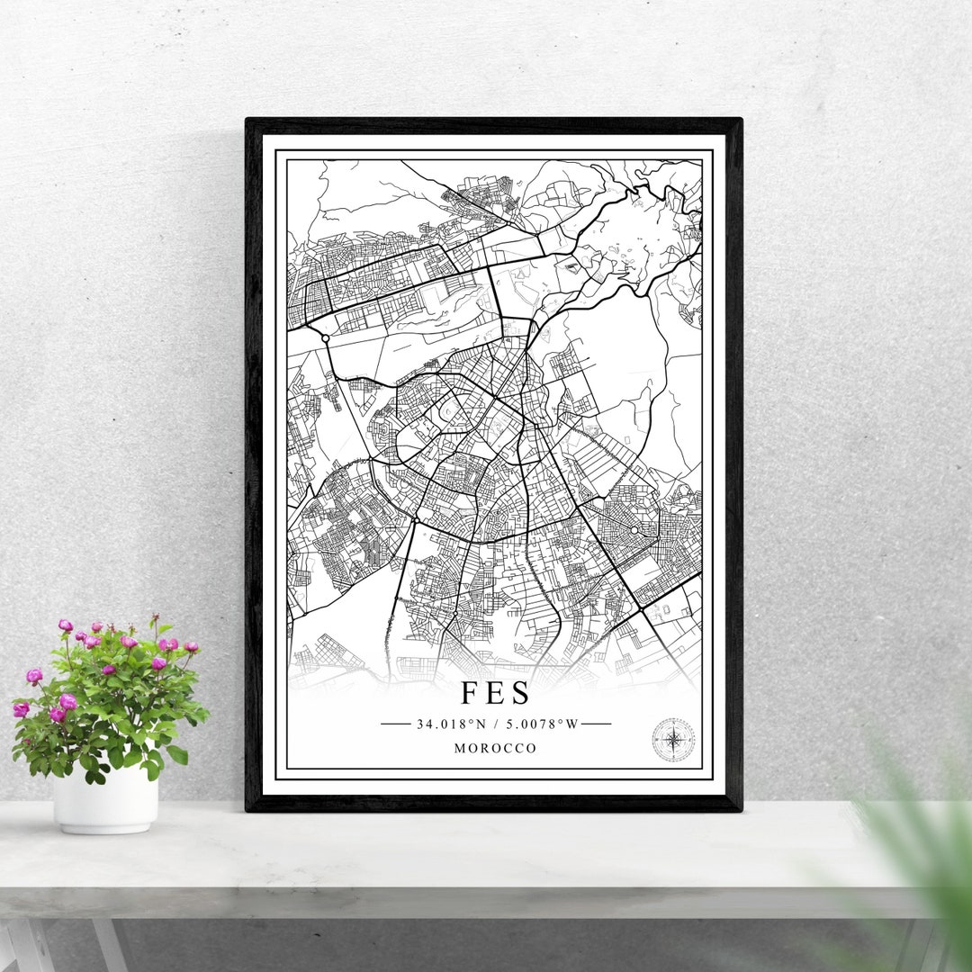 Fes City Map Digital Download Black and White Print Design of Morocco ...