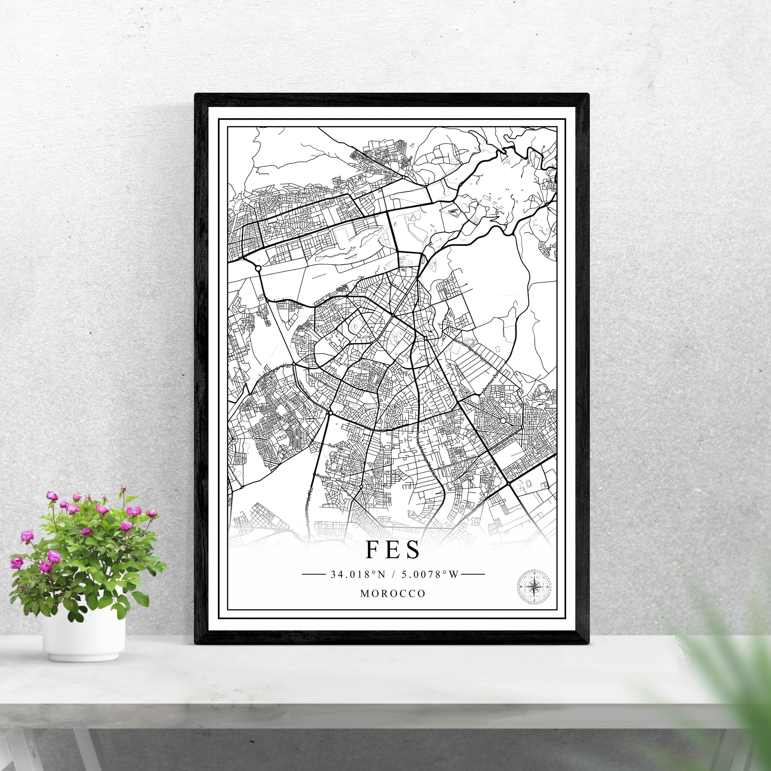 Fes City Map Digital Download Black and White Print Design of Morocco ...