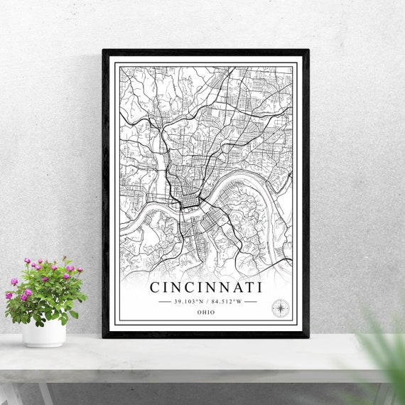 Cincinnati City Map Digital Download Black and White Print | Etsy