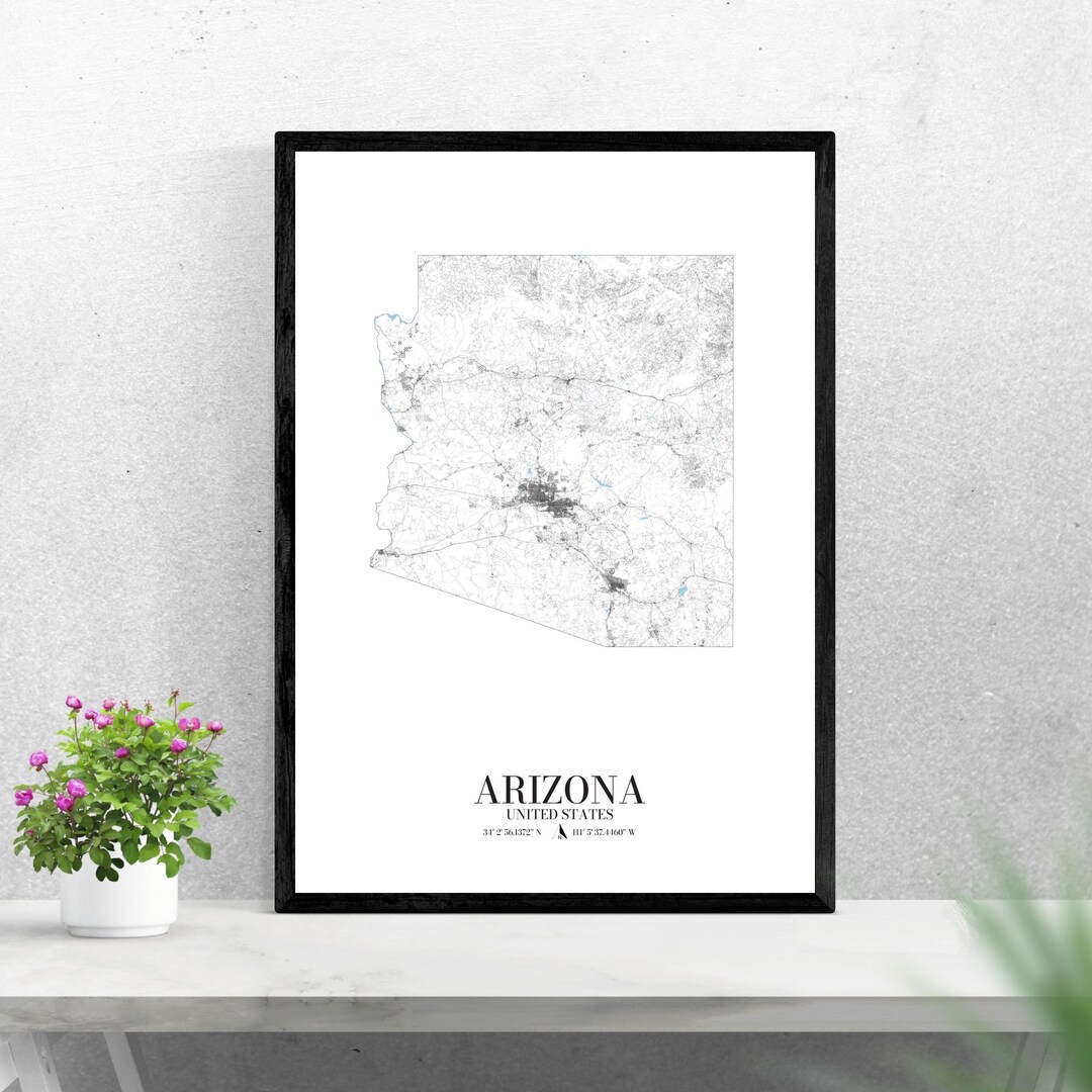 Arizona State Road Map Digital Download, Black and White Print Design ...