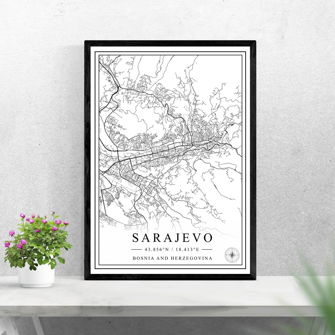 Sarajevo City Map Digital Download Black and White Print Design of ...