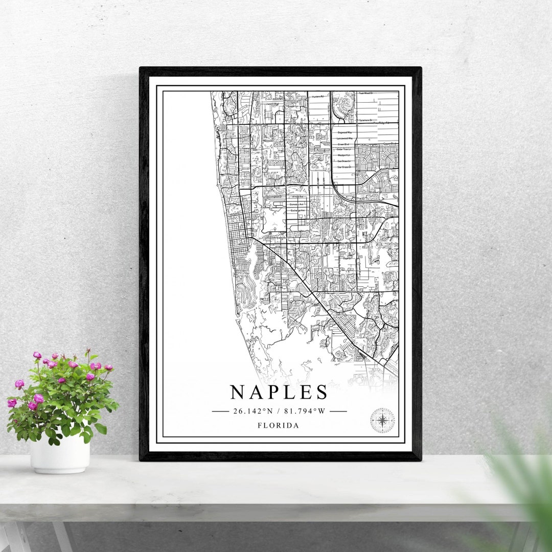 Naples City Map Digital Download Black and White Print Design of United ...