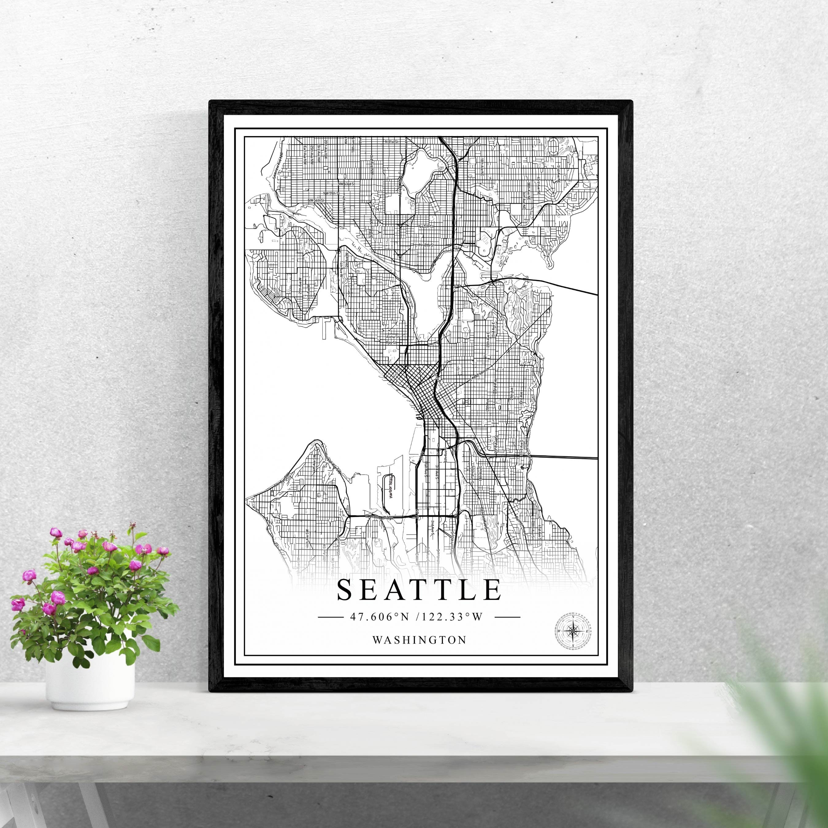 Seattle City Map Digital Download Black and White Print Design of ...