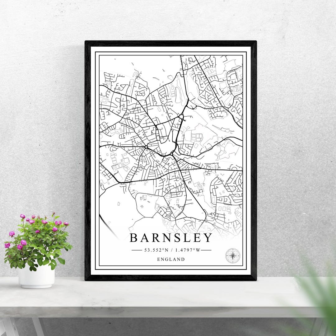 Barnsley Town City Map Digital Download Black and White Print Design of ...