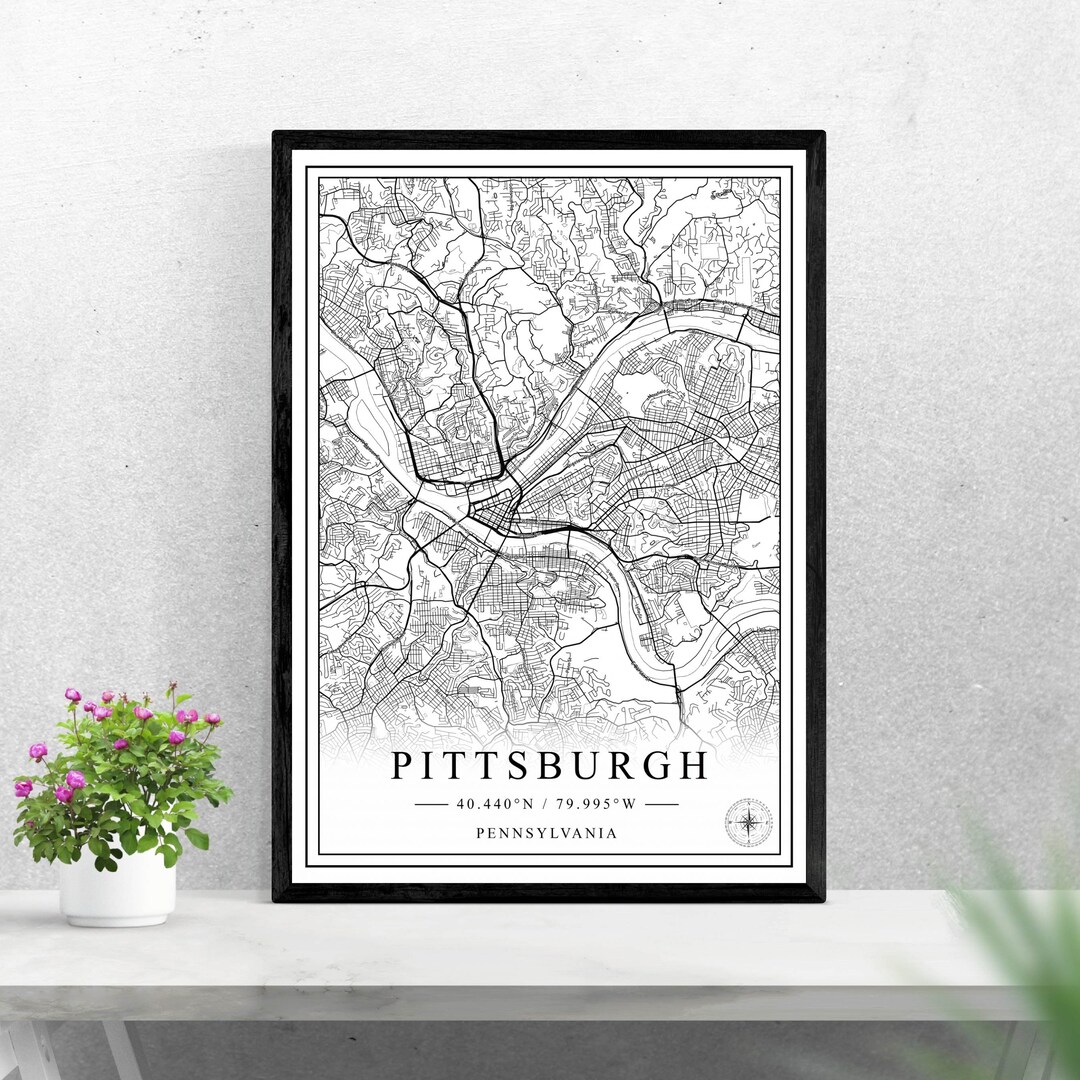 Pittsburgh City Map Digital Download Black and White Print Design of ...