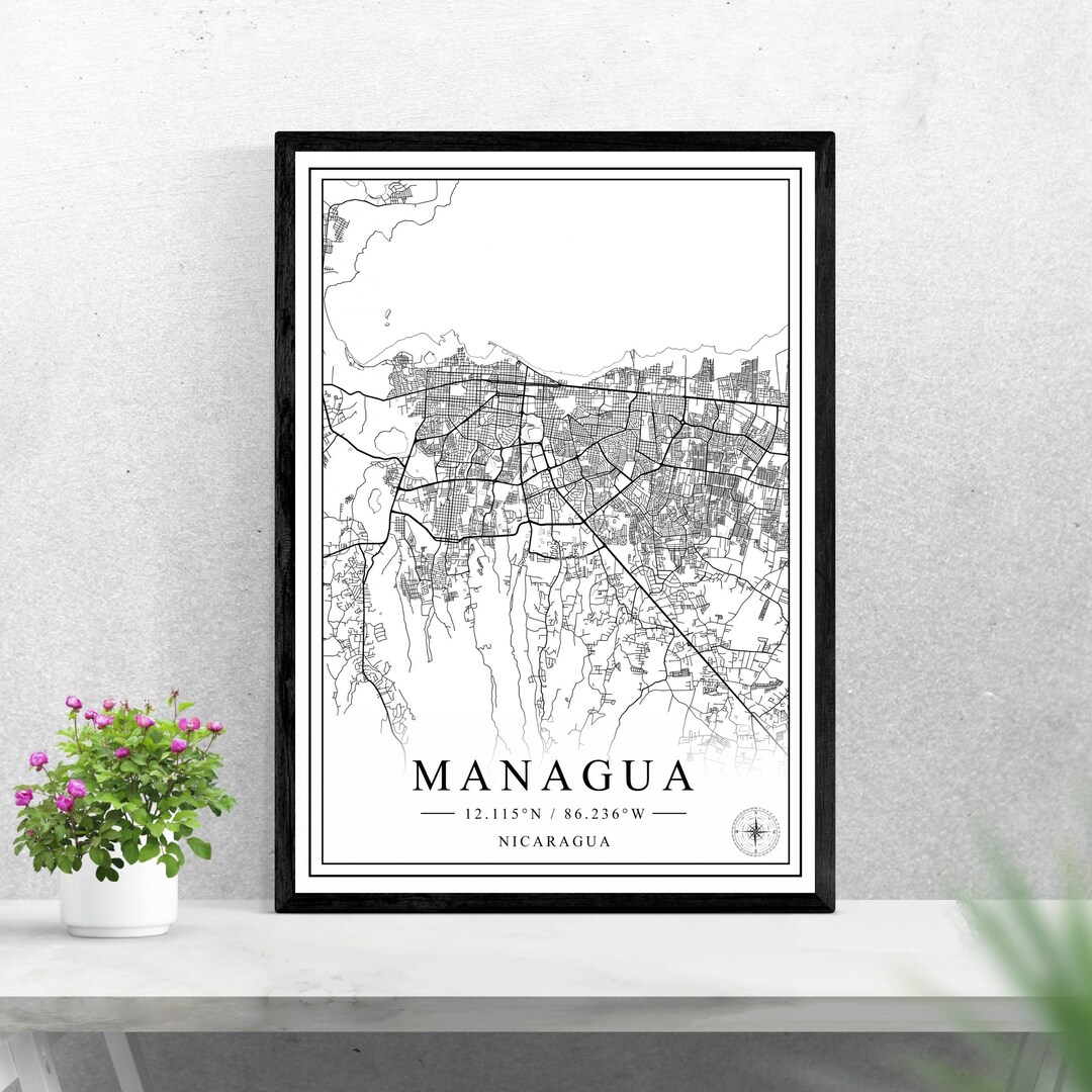 Managua City Map Digital Download Black and White Print Design of ...