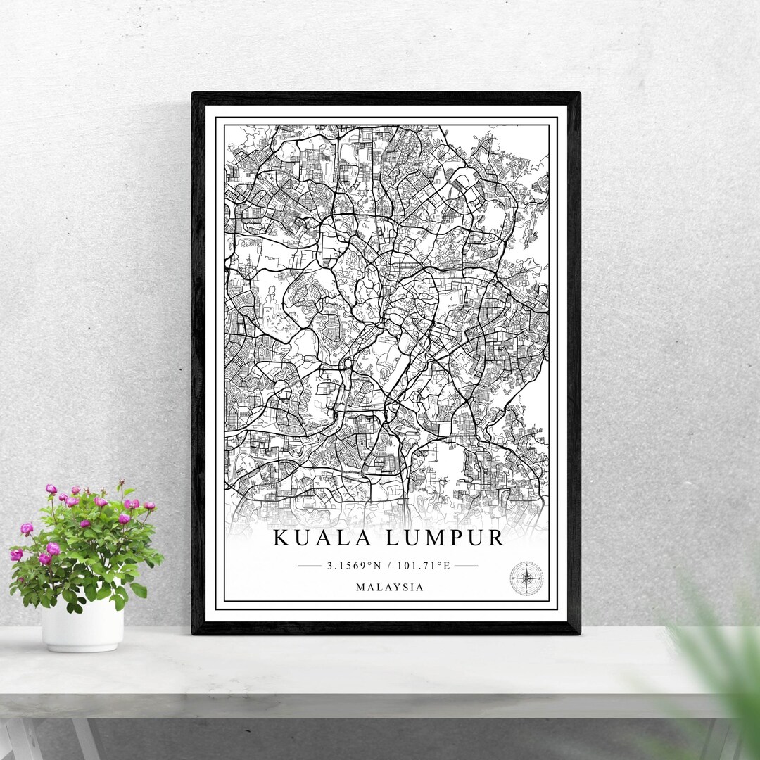 Kuala Lumpur City Map Digital Download Black and White Print Design of ...