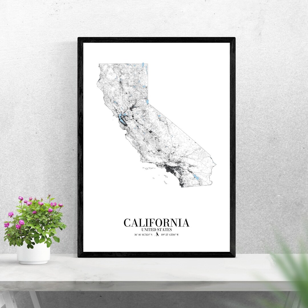 California State Road Map Digital Download, Black and White Print ...