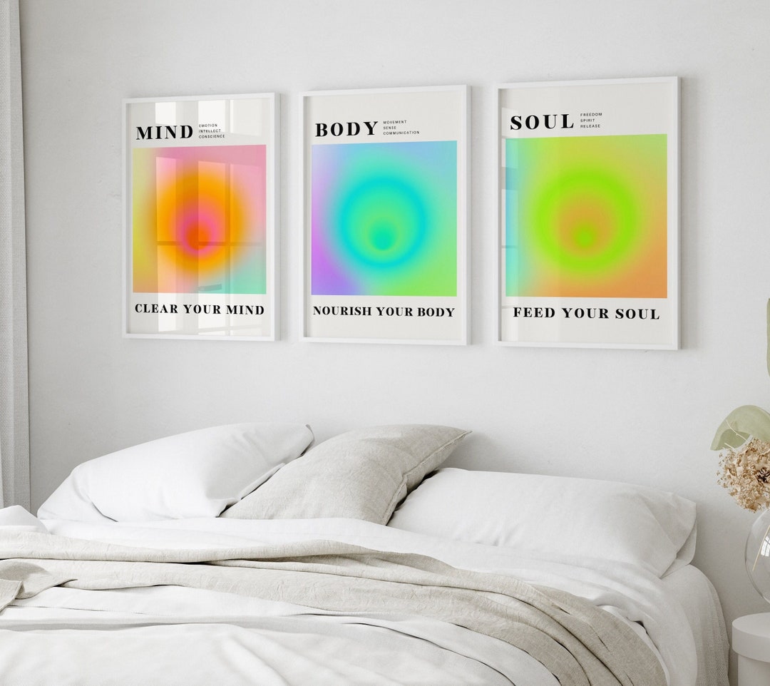 Set of 3 Mind Body Soul Poster, Gradient Aura Wall Art, Psychedelic ...