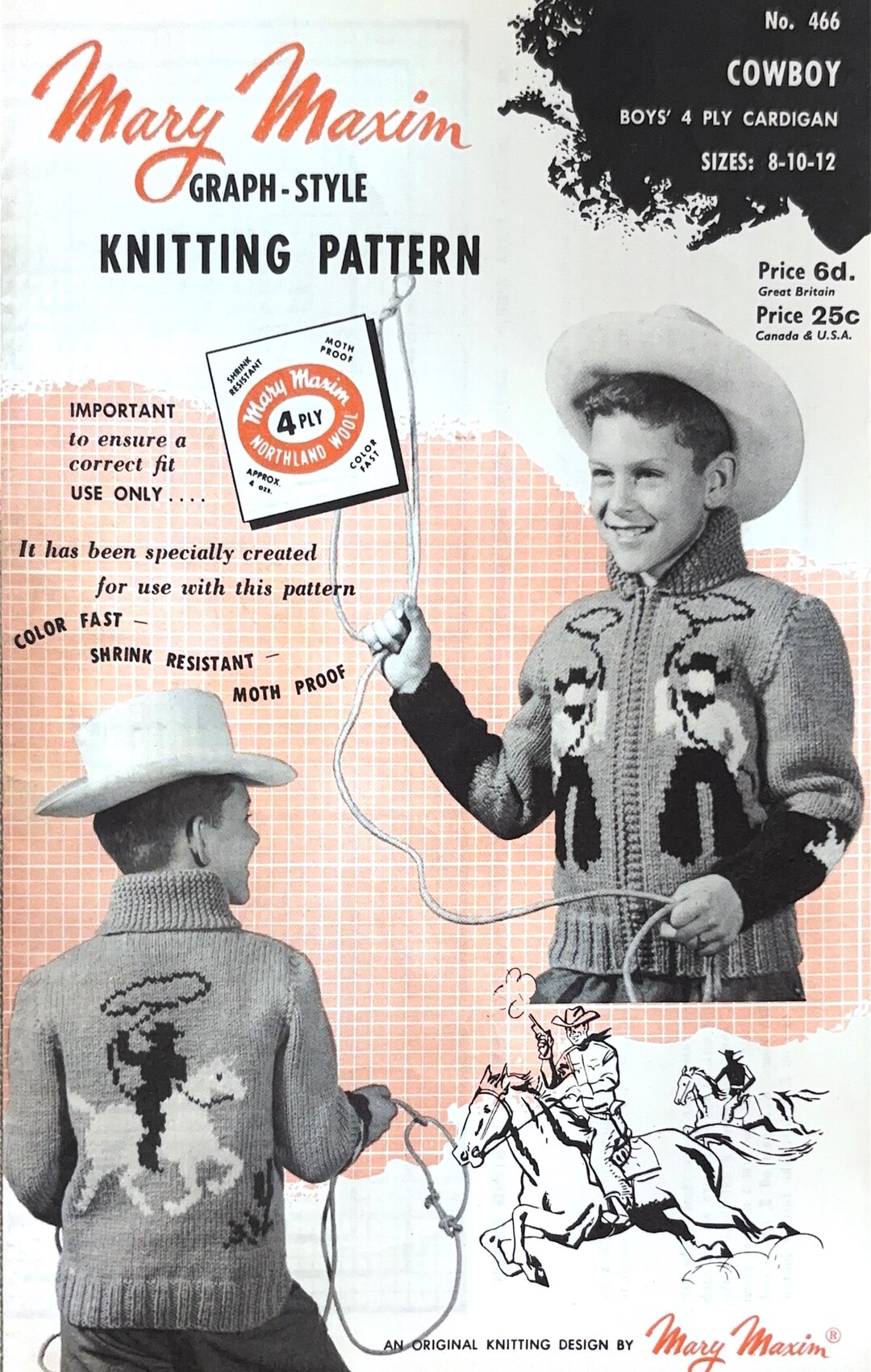 Cute Cowboy Themed Zip up Cardigan, Post Era Vintage Knitting Pattern ...