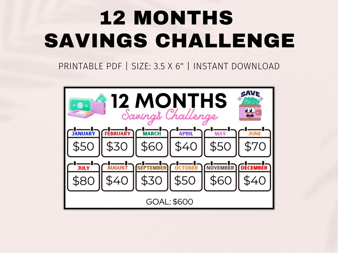 12 Month Savings Challenge, Printable Savings Tracker, Save 600 Dollars ...