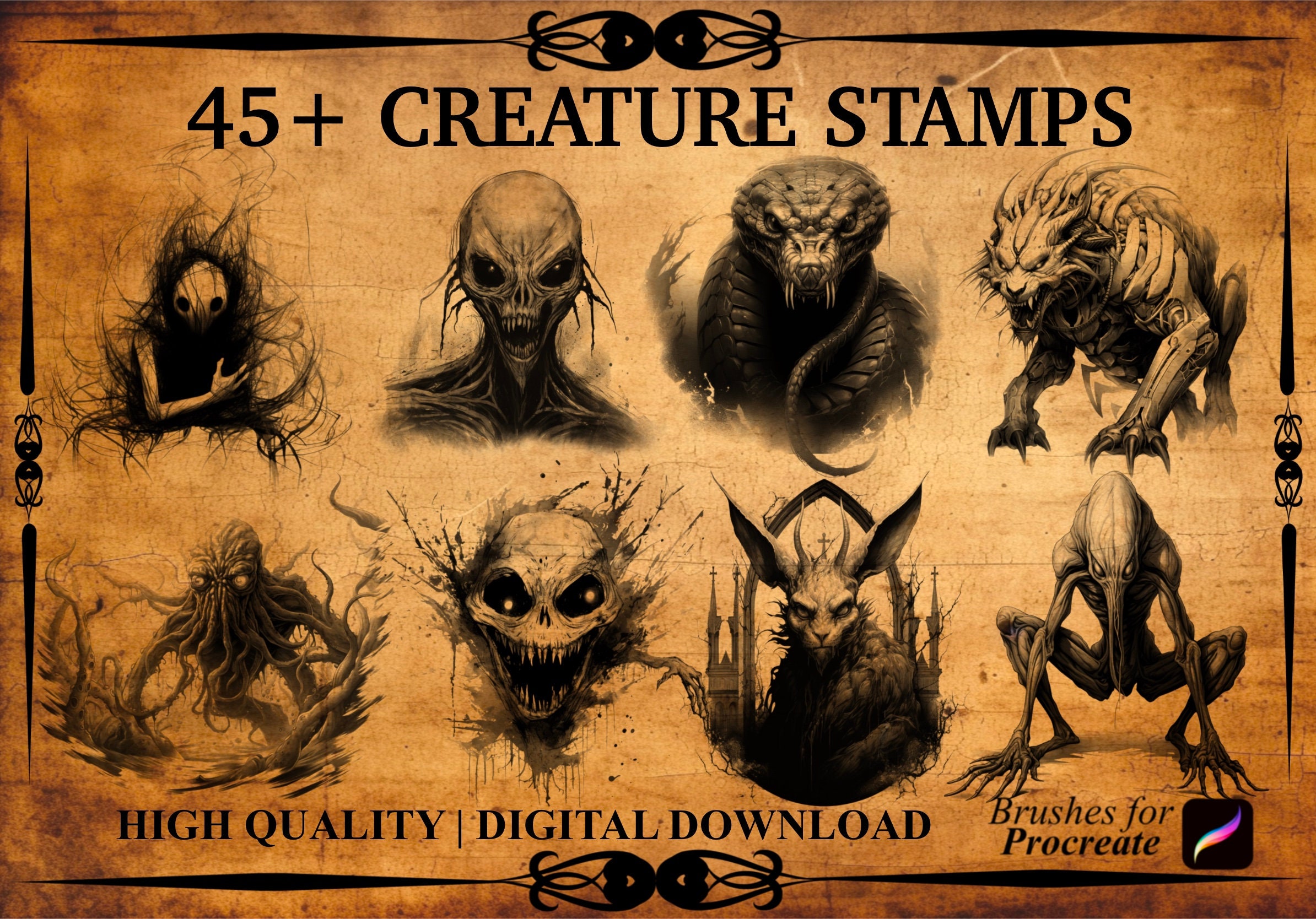 45 Creepy Creature Procreate Brush Stamps Dark Arts - Etsy