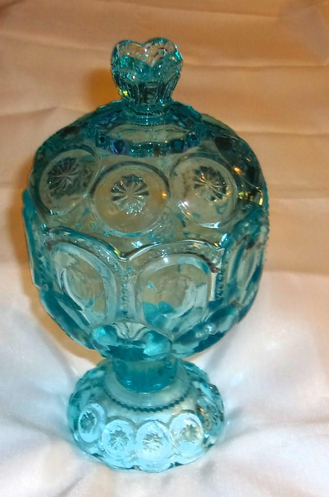 Vintage L.E. Smith Moon & Star Light Blue Compote W/ Lid - Etsy