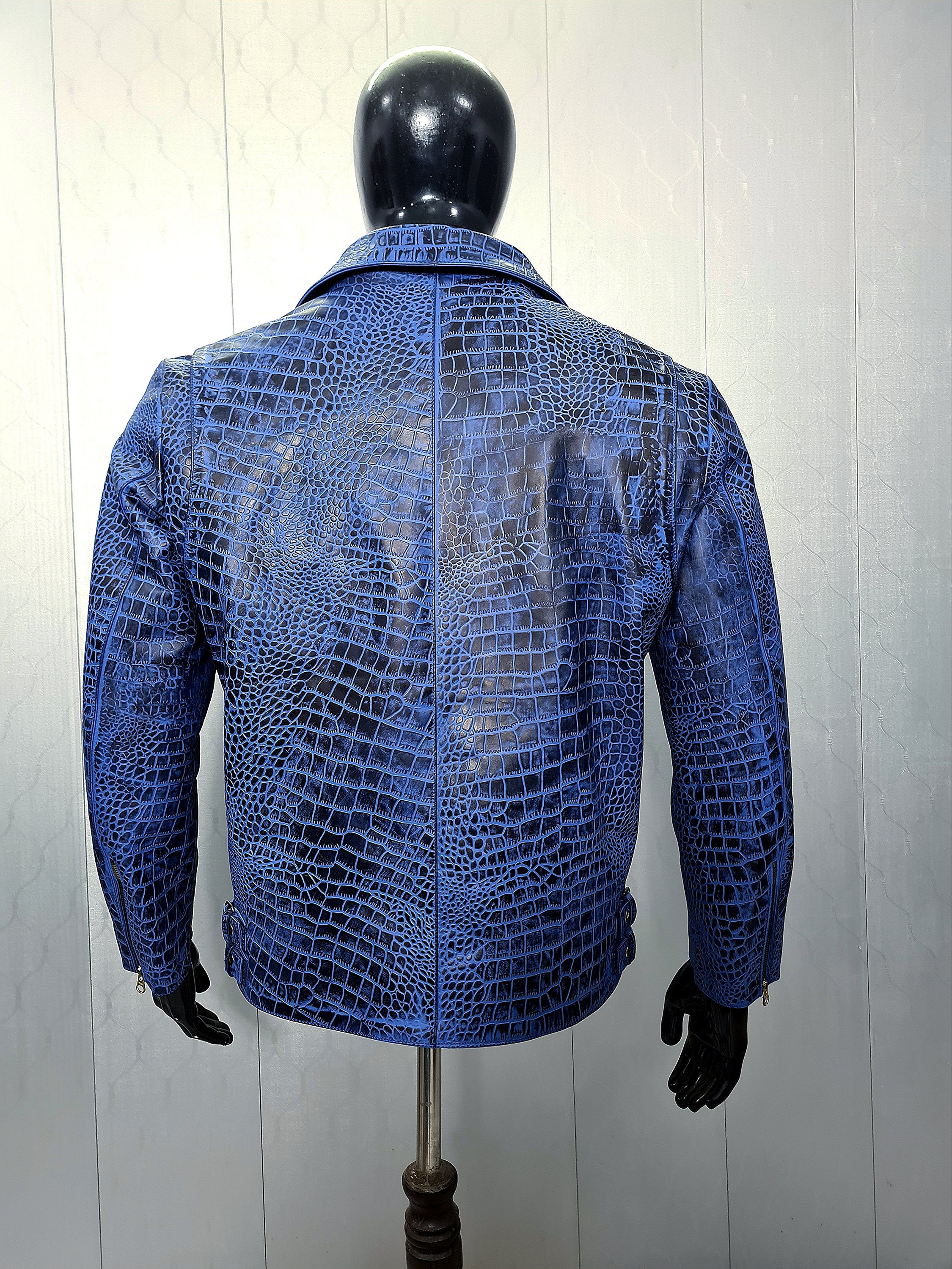 Alligator Crocodile Leather Biker Jacket Coat, Mens Crocodile Blue Leather Jacket, Animal Print ...