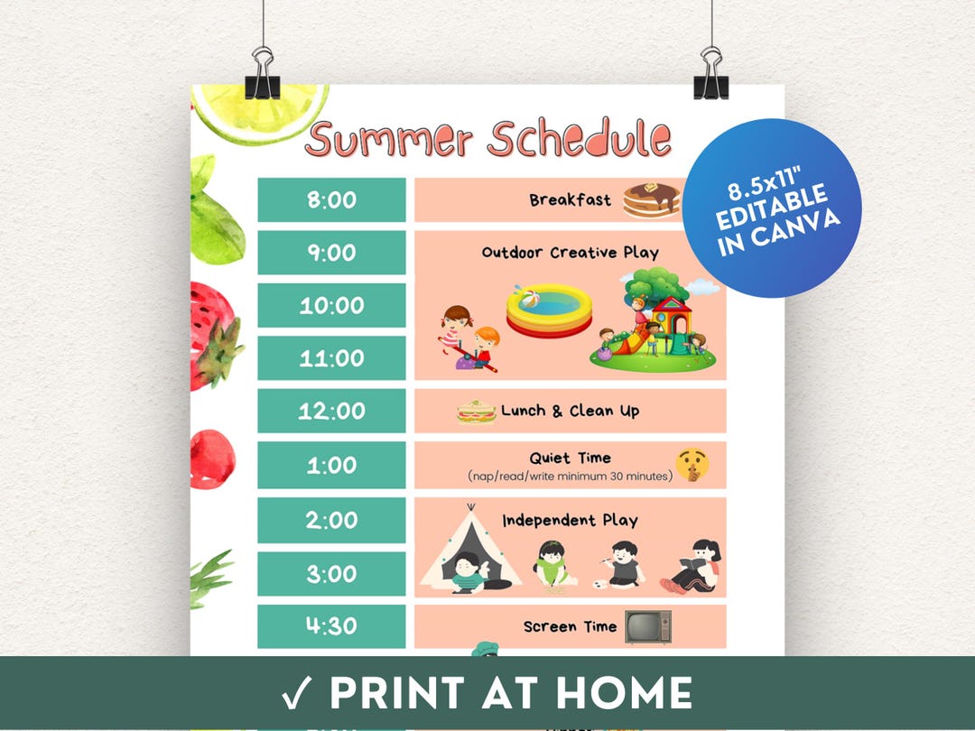 Editable Summer Schedule for Kids | Daily Routine Template (PDF) - Etsy
