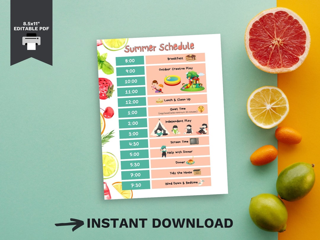 Summer Schedule for Kids | Editable Schedule | Daily Routine for Kids ...