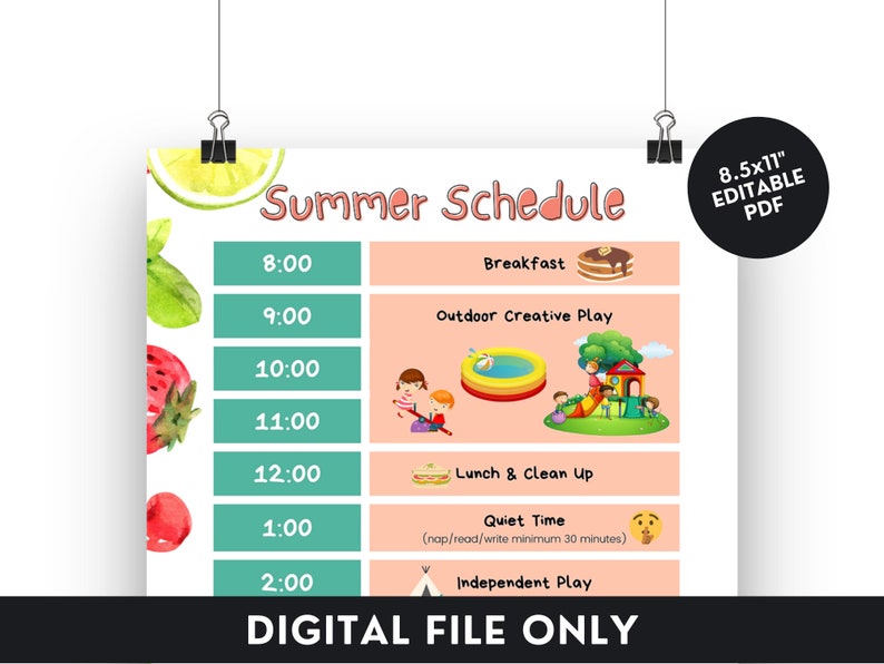 Editable Summer Schedule for Kids | Daily Routine Template (PDF) - Etsy