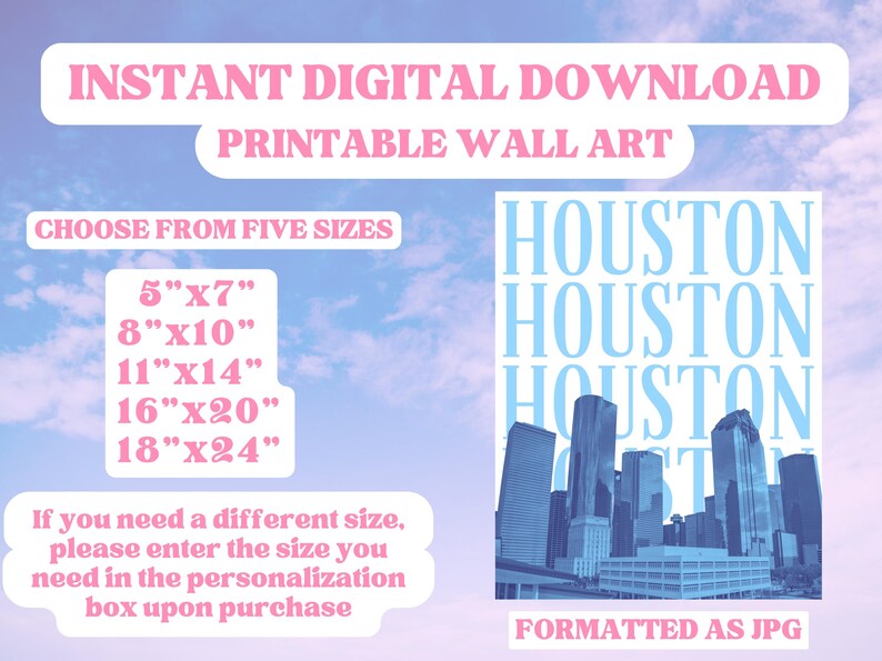 Blue Houston Print Digital Download Texas Travel Poster Houston Skyline ...