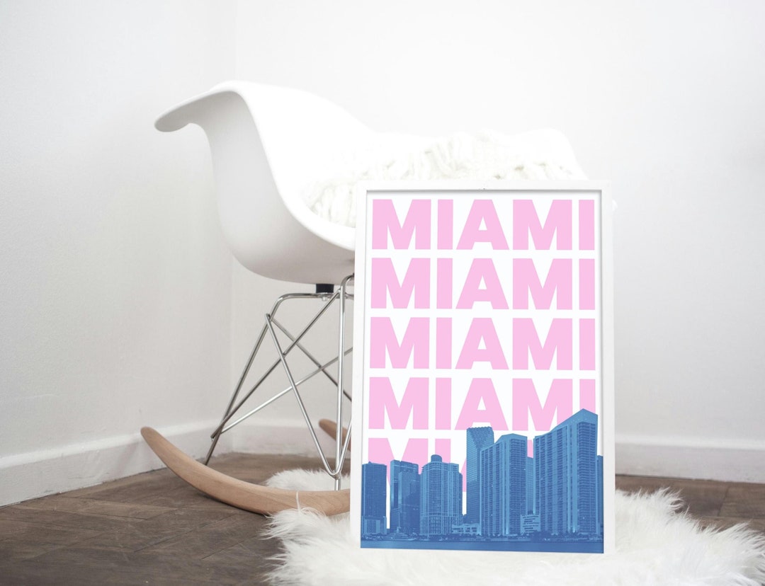Miami Wall Art Print | Pink Blue Miami Poster | Miami Skyline | Preppy ...