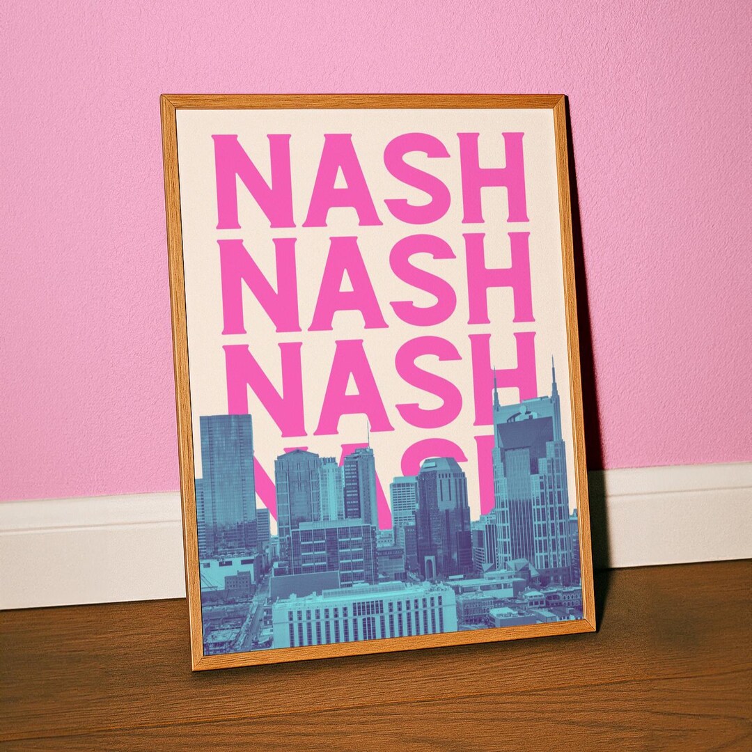 Nashville Print Pink and Blue TN Travel Poster Downtown City Skyline ...