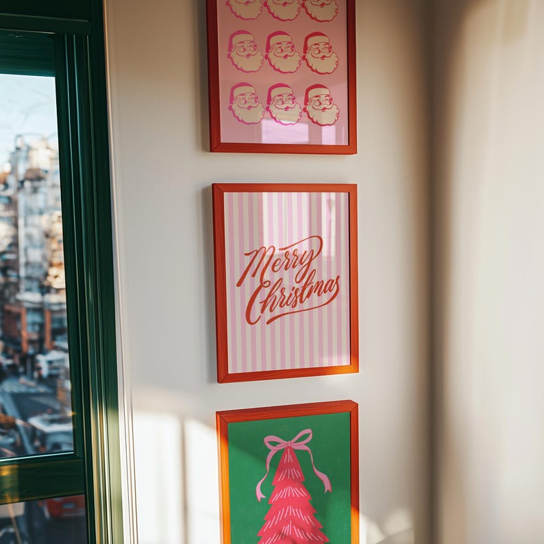 Merry Christmas Print Digital Download Pink Holiday Wall Art Striped ...