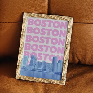 Boston Print Digital Download Massachusetts Travel Poster Blue Pink ...