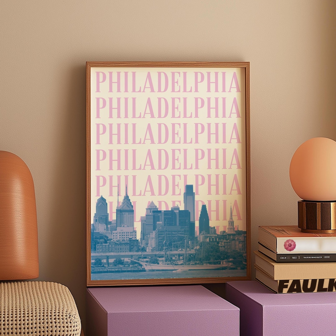 Philadelphia Print Philly Wall Art Pink & Blue Downtown City Skyline ...