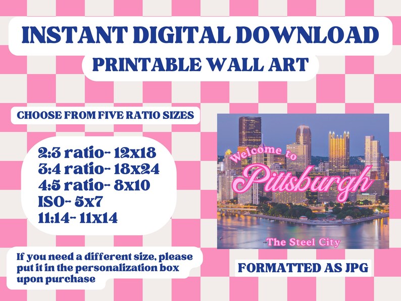 Pittsburgh Print Pink Pennsylvania Wall Art Retro Travel Poster Preppy ...