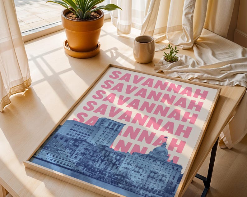 Savannah GA Art Print Digital Download Georgia Wall Decor Retro Blue ...
