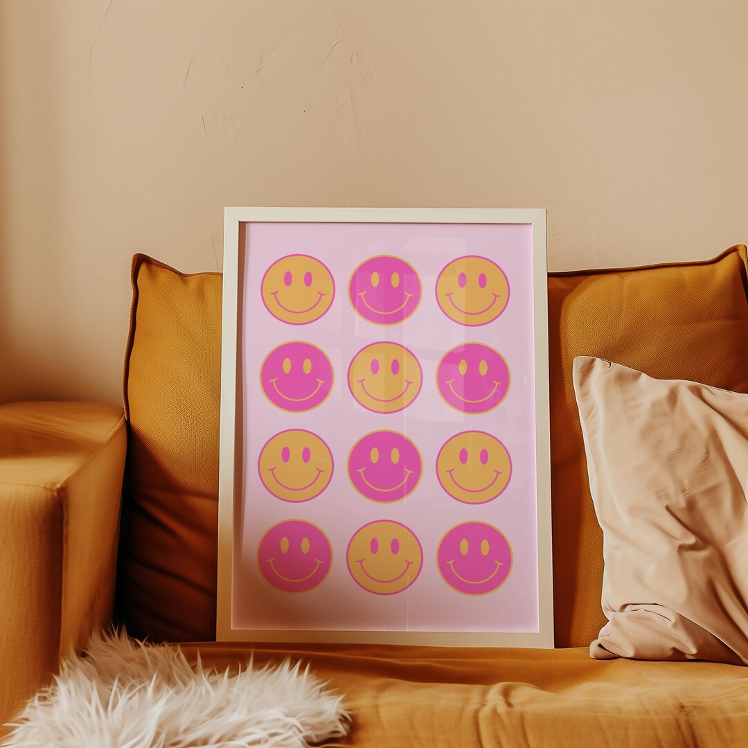 Smiley Face Print Retro Happy Wall Art Pink & Yellow Feel-good Poster ...