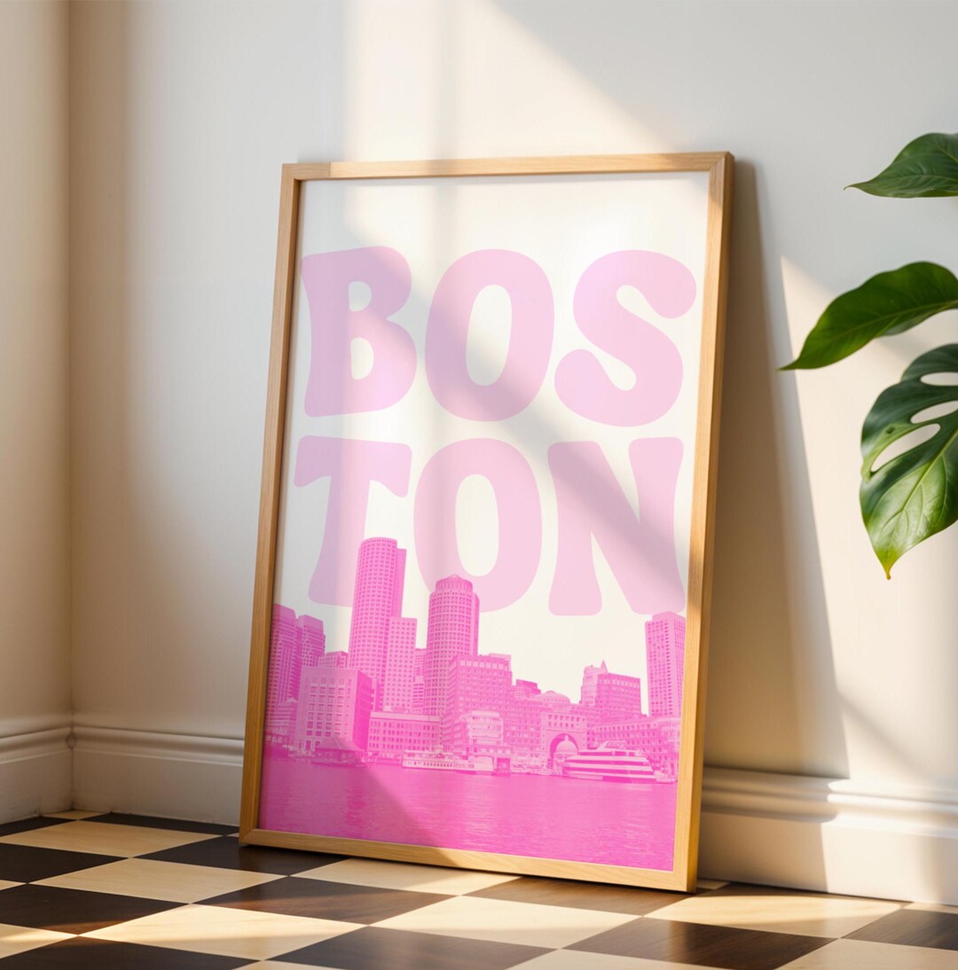Pink Boston Print Retro Boston Travel Poster Boston Skyline Printable ...
