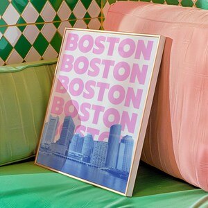Boston Print Digital Download Massachusetts Travel Poster Blue Pink ...