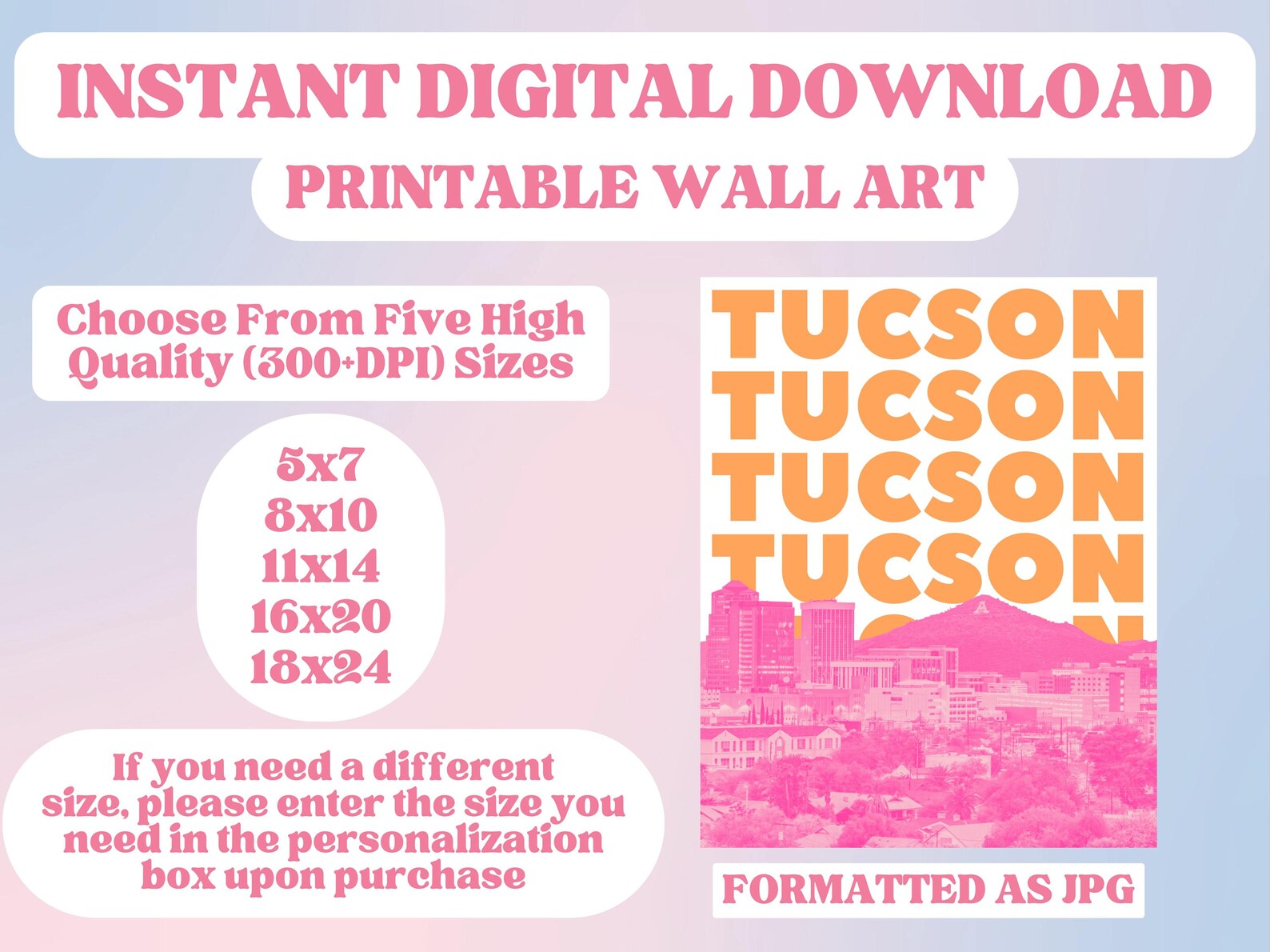 Tucson Print Digital Download Arizona Wall Art Pink Orange Tucson ...