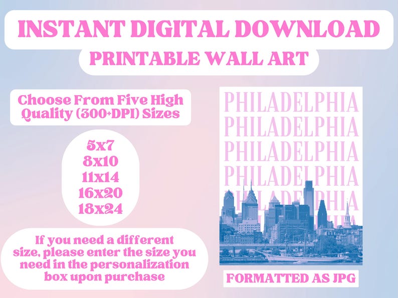Philadelphia Print Philly Wall Art Pink & Blue Downtown City Skyline ...