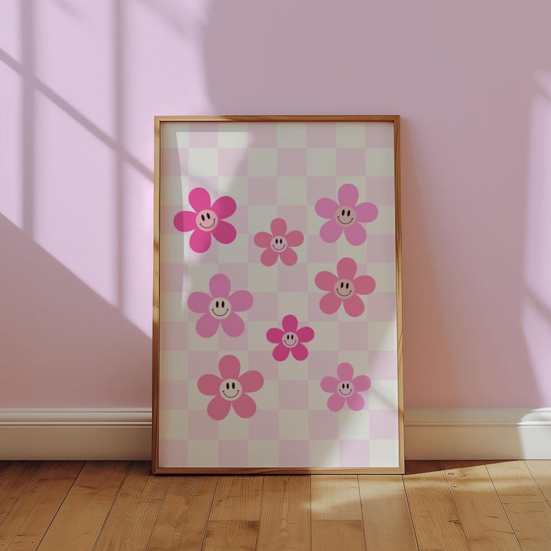 Retro Flower Print Pink Smiley Face Wall Art Eclectic Checkerboard ...