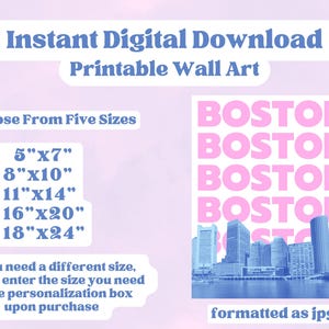 Boston Print Digital Download Massachusetts Travel Poster Blue Pink ...
