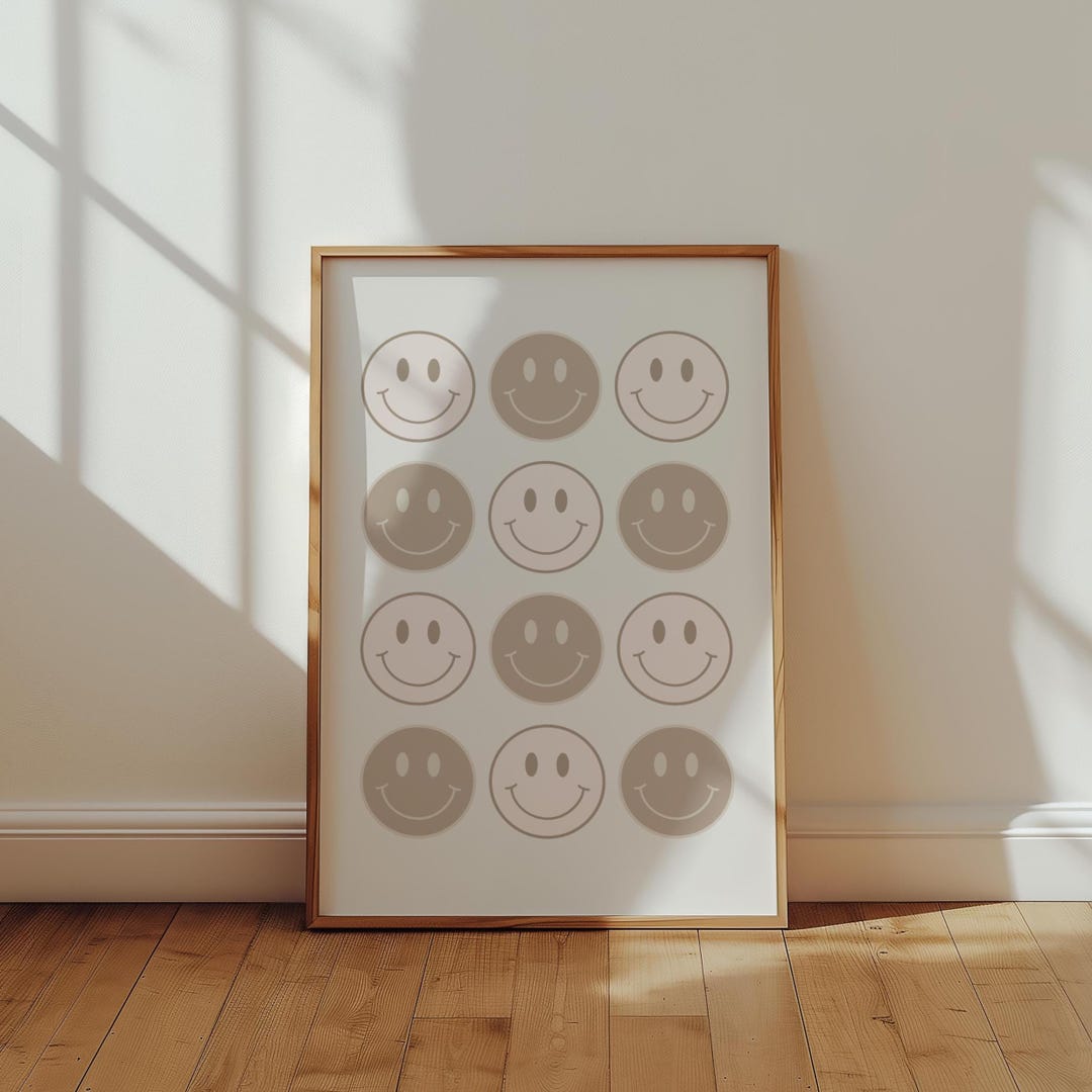 Smiley Face Print Digital Download Beige Wall Art Retro Neutral Decor ...